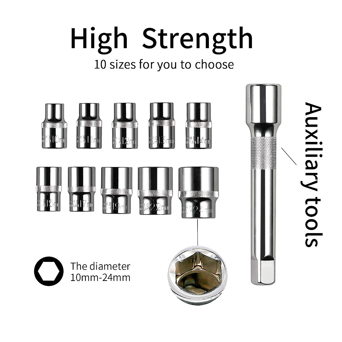 Egofine 12pcs 1/2 Inch Ratchet Socket Wrench Set, Drive Socket Set with 10 Sockets 10-15,17,19,22,24mm and 2 Way Quick Released Ratchet Handle and Extension Bar