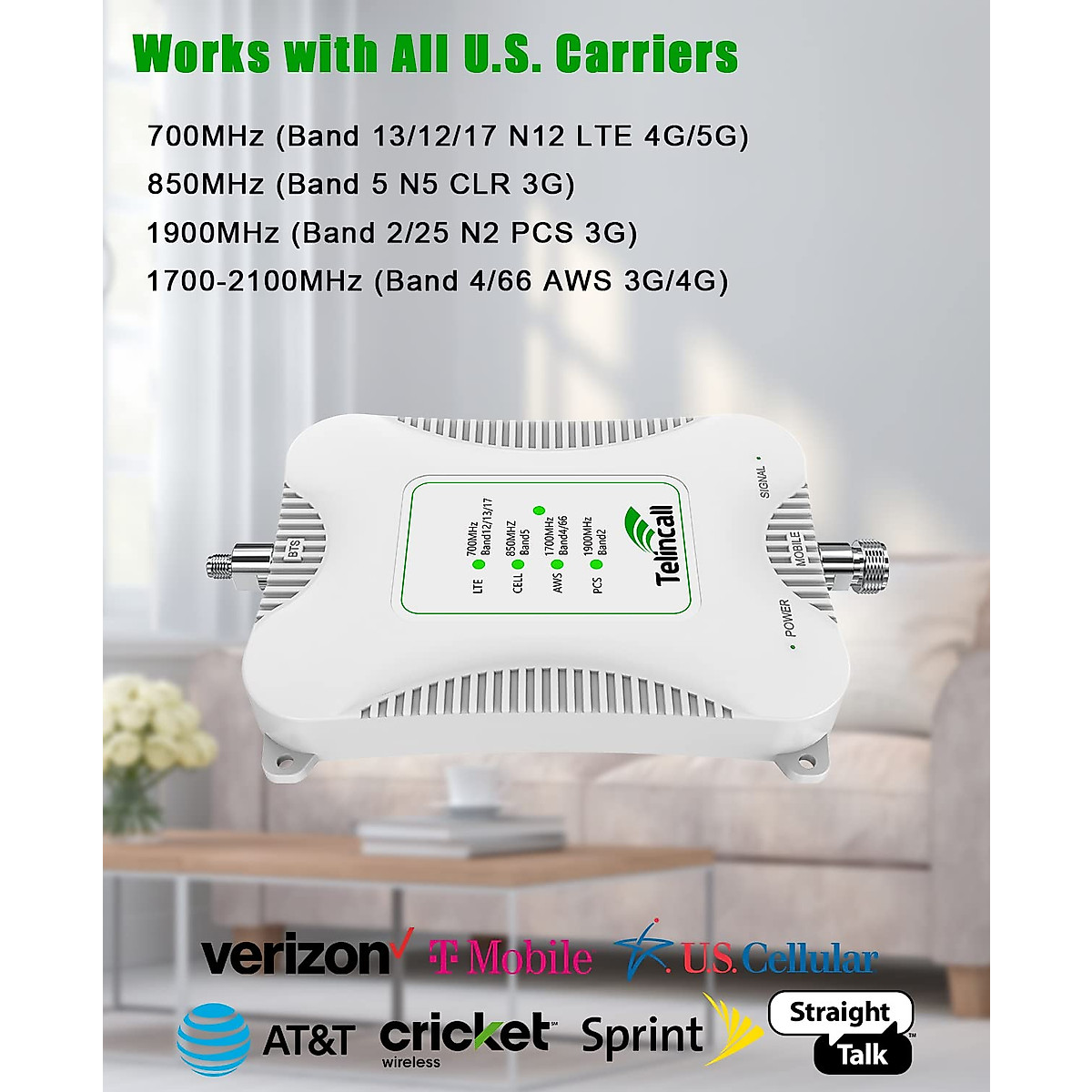 Mobile Signal Booster for Home Verizon, AT&T, US Cellular, T Mobile PCS 3G/4G/5G AWS LTE N2/N5/N12 Band 2/4/5/13/12/17 Cell Phone Signal Booster FCC Approved for All U.S. Carriers