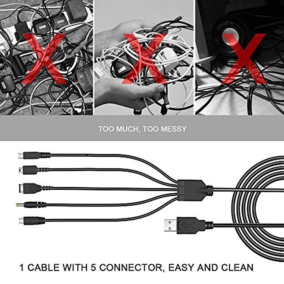 5 in 1 USB Charger Cable for Nintendo DS Lite/ Wii U/ New 3DS (XL/LL), 3DS (XL/LL), 2DS, DSi (XL/LL) ,NDS/Gameboy Advance SP, PSP 1000 2000 3000, Multi-Functional USB Charging Cord with Cable Tie