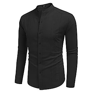 COOFANDY Mens Cuban Guayabera Shirt Casual Summer Shirt Band Collar Linen Beach Shirt, Black, XX-Large, Long Sleeve