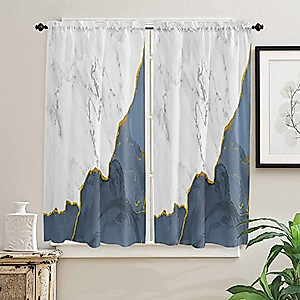 SSEVITEY Room Decorative Valances with Rod Pockets Marble Texture Watercolor Blue Gold and White Colors Window Valance Curtains Ink Painting Treatment 2 Panels Drapes for Kitchen Living Room Bathroom