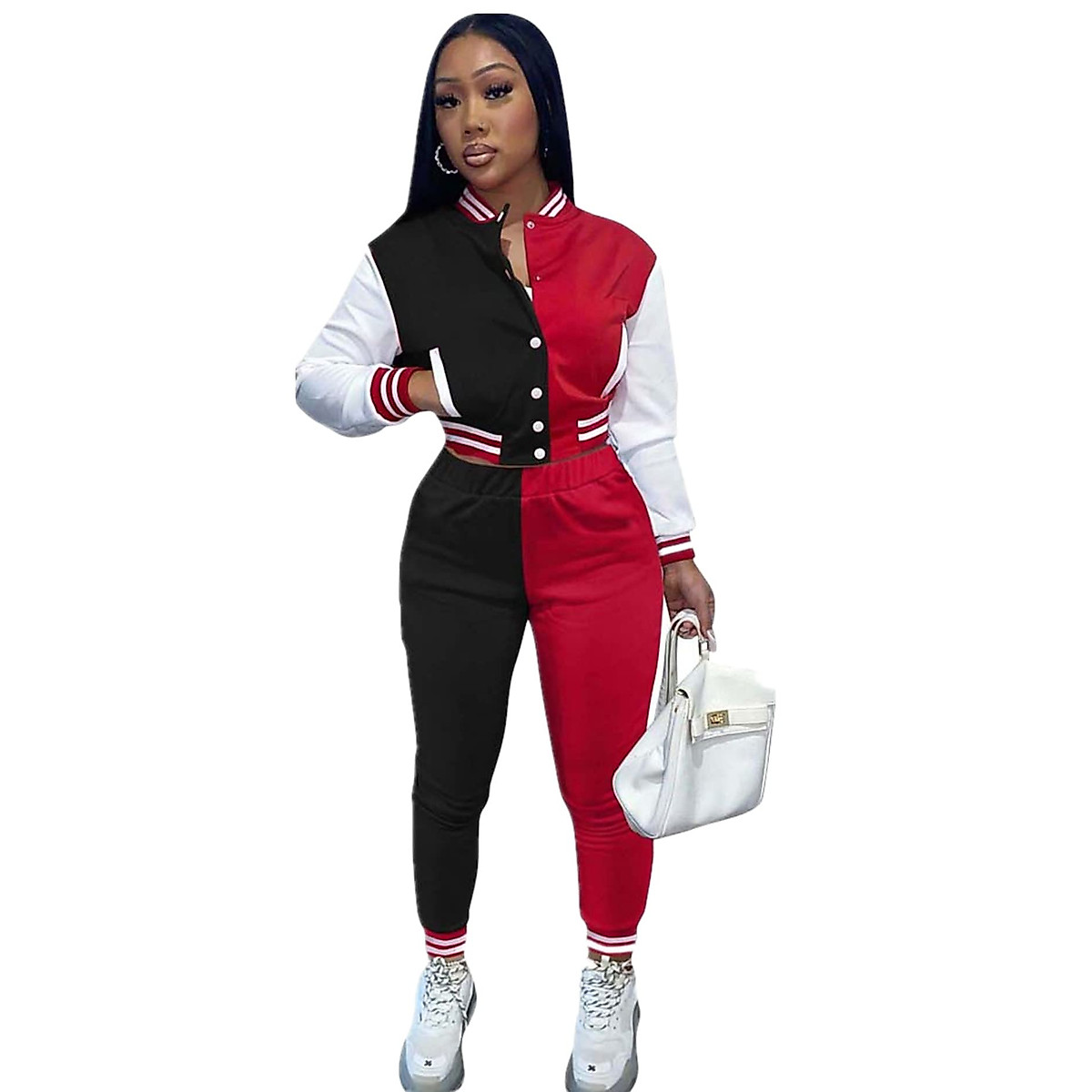 ANICECUT Sweatsuits for Women Set 2 Piece Long Sleeve Patchwork Button Down Varsity Jacket Sweatpant Workout Tracksuit Black Red XL