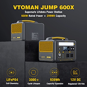 VTOMAN Jump 600X Portable Power Station 600W (1200W Peak), 299Wh LiFePO4 (LFP) Battery Powered Generator with 2x 110V/600W AC Outlets, 60W PD, Regulated 12V DC Output for RV/Van Camping & Home Backup