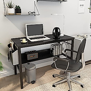 AWQM Modern Home Office Desk, Computer Desk with Side Bag, Storage Shelves and Iron Hook, Work Table, Study Writing Table, Gaming Desk, Workstation for Small Spaces, Black