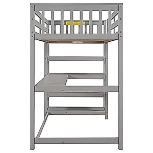 BIADNBZ Twin Size Loft Bed with Under-Bed Desk and Storage Shelves, Wooden LoftBed Frame for Kids Teens Bedroom, Gray