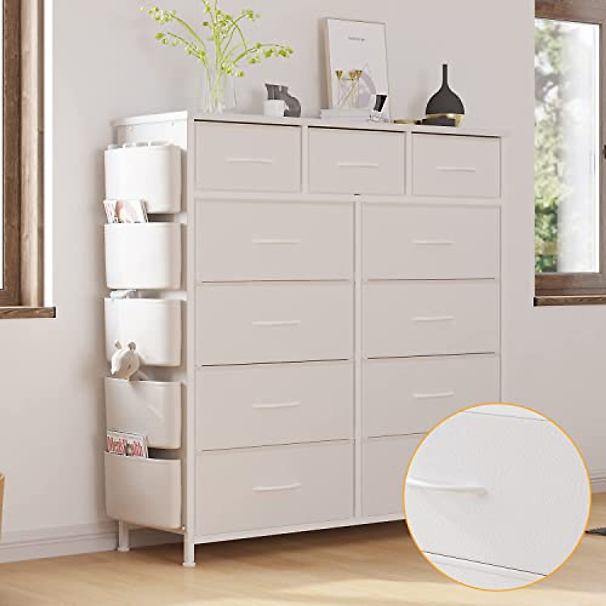 LIVEHOM 11 Dresser Drawer for Bedroom, Chest of Drawers with Side Pockets, Hooks, Fabric Storage Drawer, Steel Frame, Wood Top, Organizer Unit and Pull Handle for Closet, Nursery