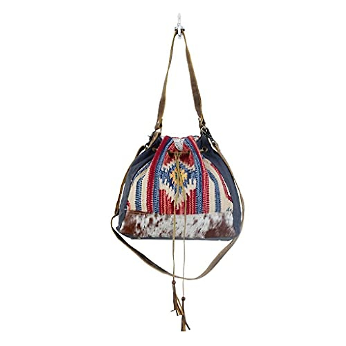 Myra Bag Blue Bucket Bag Upcycled Cotton & Hair Leather S-3062