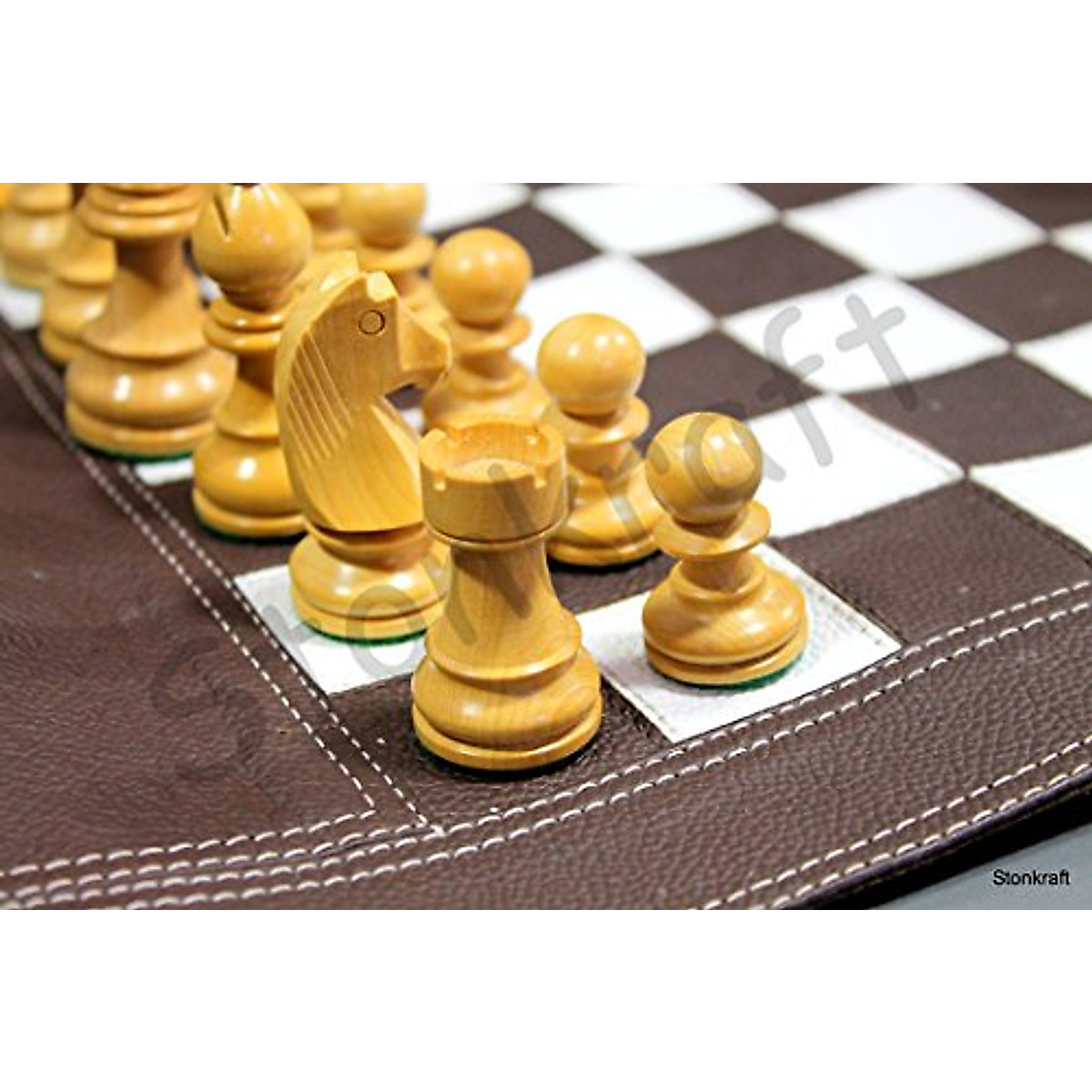 StonKraft - 19" x 15" (Chess Board Size 12" x 12") Roll-Up Leather Chess Set with Wooden Chess Pieces - Brown | Comes with Innovative Carry Pouch