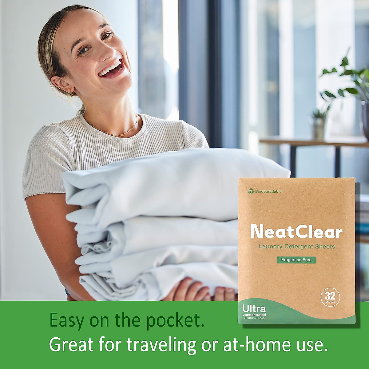 NeatClear Laundry Detergent Sheets - Travel Size - Fragrance Free 32 Strips (32 Loads) - Concentrated Liquidless Laundry Soap - No Mess - Space-Saving - for Travel, Apartments, Dorms, Sink