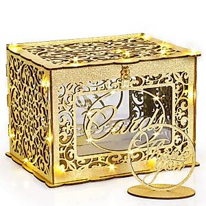 Gold Wedding Card Box with Lock and LED Fairy Lights, Glittery Wooden Gift Card Boxes Money Box Holder For Wedding Reception, Bridal Shower, Rustic Graduation Party, Keepsake Party Favor, Anniversary