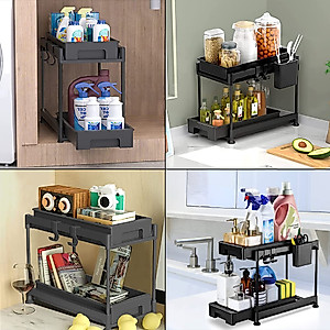 LBW 2 Packs Under Sink Organizer and Storage, 2 Tier Sliding Bathroom Cabinet Organizers Multi-Purpose Kitchen Organization and Storage，Drawer Pantry Organizer with Hooks,Black (Pack of 2)