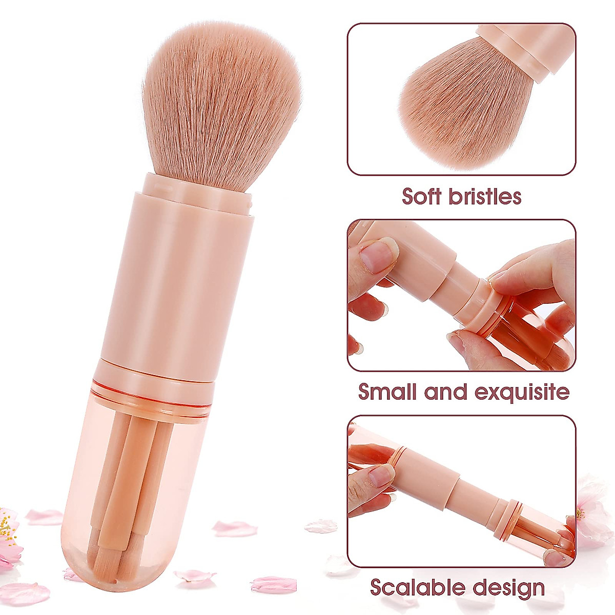 Molain Retractable Makeup Brush, 4 in 1 Portable Travel Lip Brush, Highlight Brush, Eyeshadow Brush, Foundation Blending Powder Brush Mini Facial Cosmetic Makeup Brush Set (Pink)
