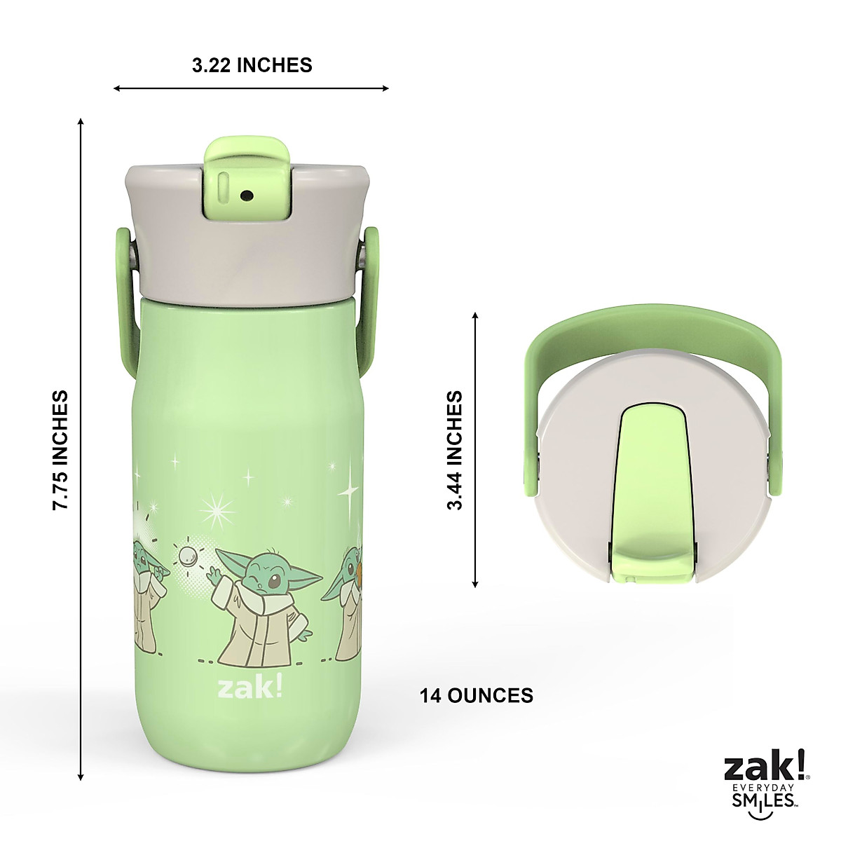 Zak Designs Harmony Star Wars The Mandalorian Kid Water Bottle for Travel or At Home, 14oz Recycled Stainless Steel is Leak-Proof When Closed and Vacuum Insulated (Baby Yoda, Grogu)