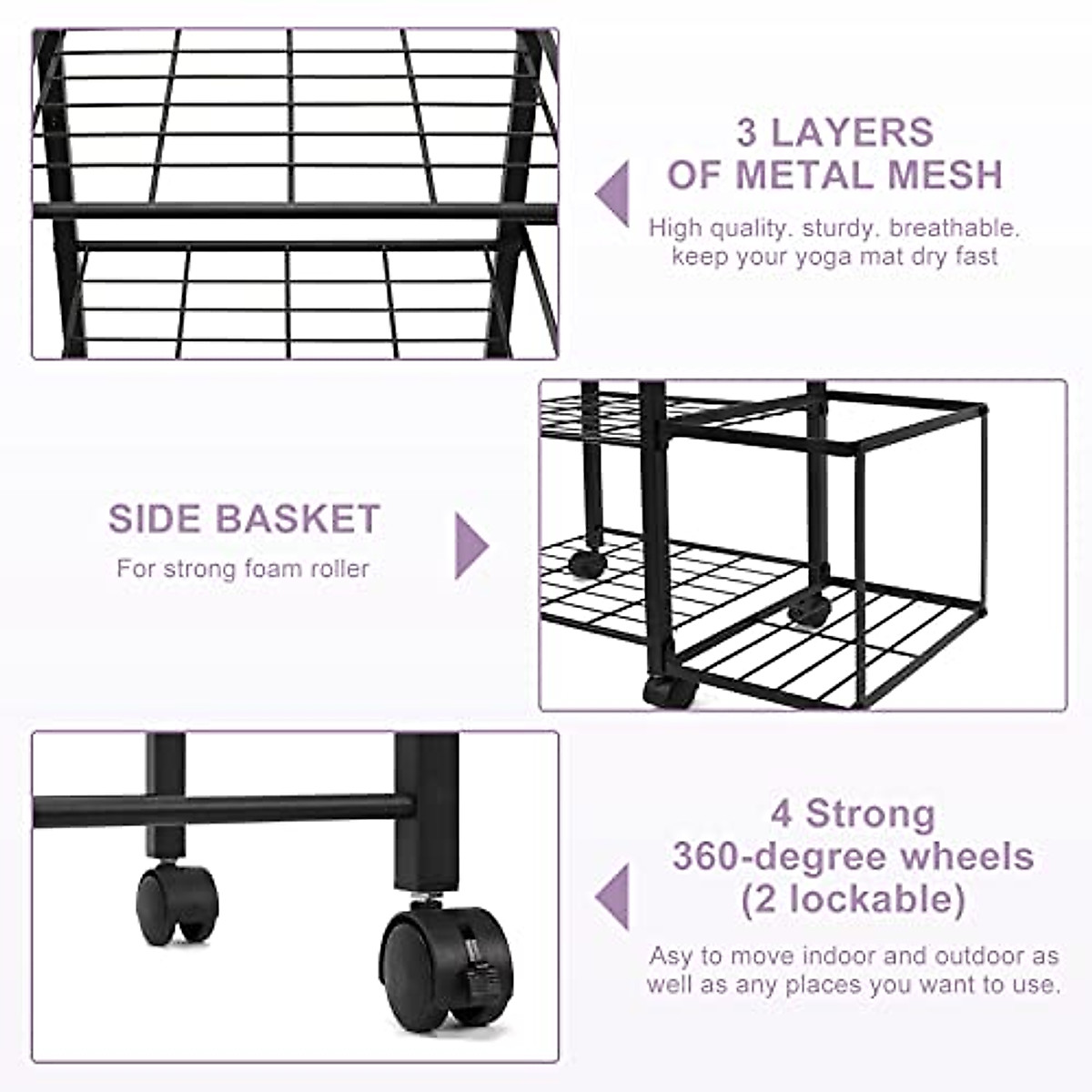 Emfogo Yoga Mat Holder Home Gym Storage Rack Yoga Mat Workout Storage for Foam Roller, Yoga Strap and Resistance Bands, Weight Rack for Dumbbells Workout Equipment Storage Organizer With Wheels