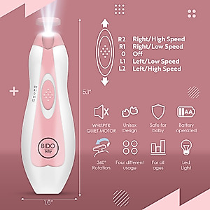 BİDO Baby Nail Trimmer File Electric-Safe Baby Nail Clippers,Manicure Kit for Newborn Toddler and Kids,12 Grinding Heads and LED Light, Pink or Blue (Pink)