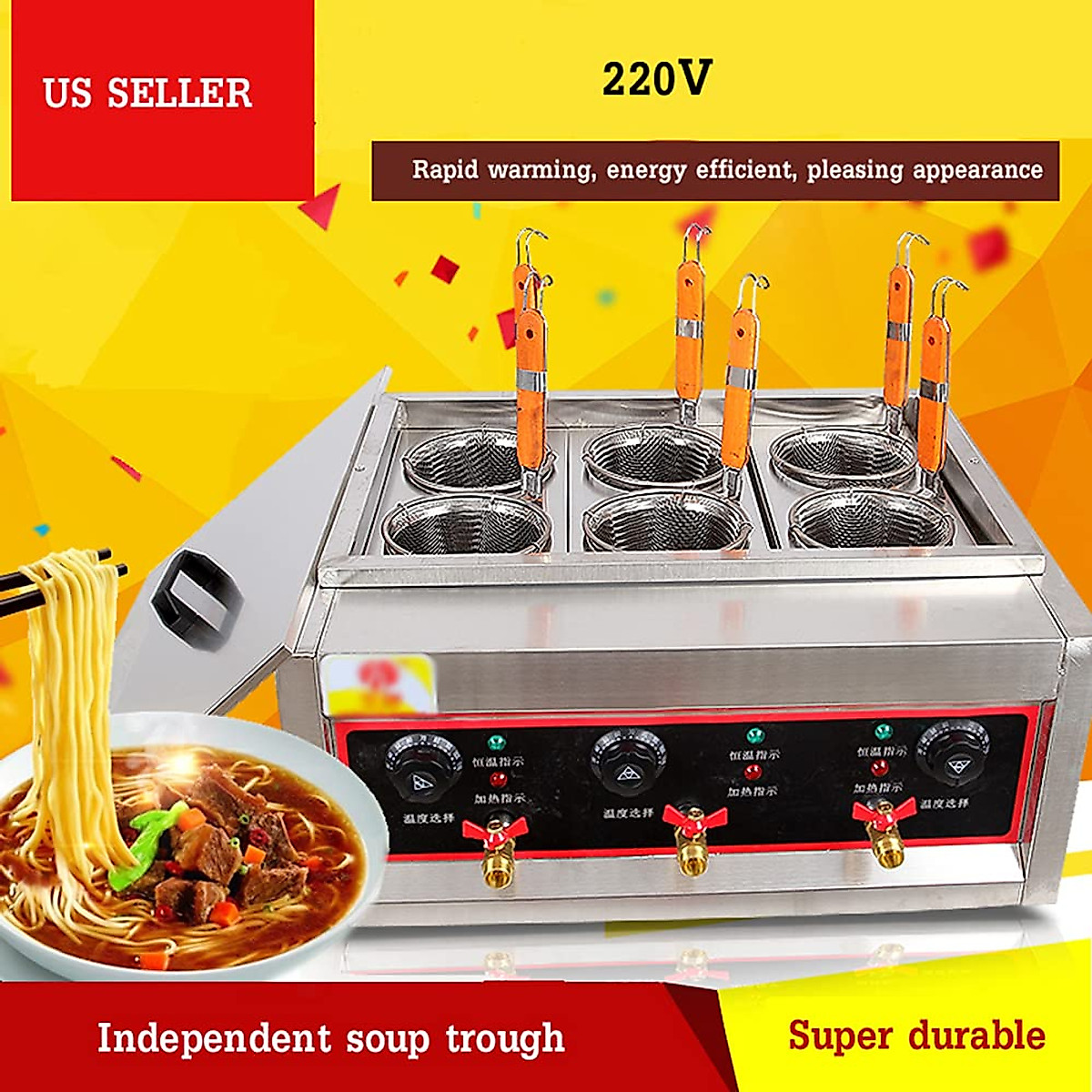 PreAsion 220V Commercial Pasta Cooker 6 Holes Noodle Cooking Machine Pasta Makers Boiler Cooker Machine Noodles Table with 6 Basket Stainless Steel Blade Noodle Dumpling Maker with Noodle Filter