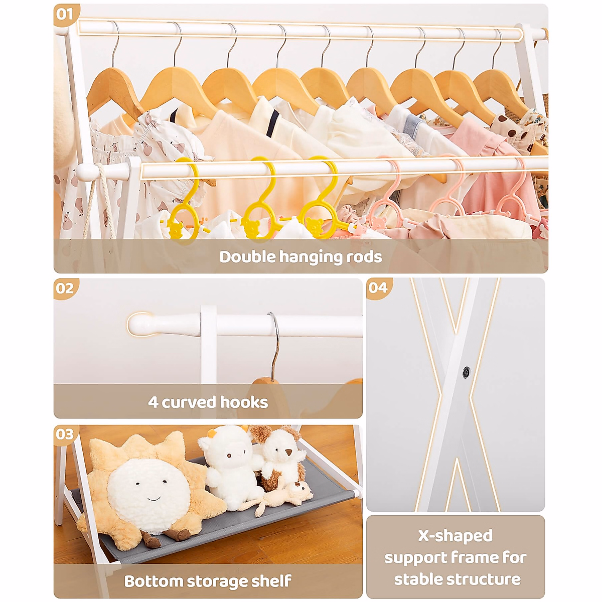 Cozivolife Kids Clothing Rack with 2 Hanging Rods and 4 Hooks, Kids Dress Up Rack with Bottom Storage Shelf, Child Garment Rack, Small and Foldable, Bamboo (White)