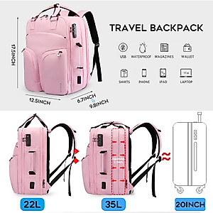 BANGE 35L Pink Travel Backpack for Women, Large Lightweight Airplane Approved Weekender Bag for Women,Daypacks Carry on Backpacks for Nurses Teacher College,TSA Anti Theft Backpack fit 17.3inch Laptop