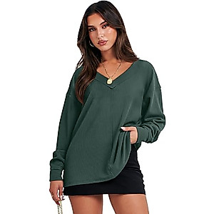 ANRABESS Oversized Long Sleeve Shirts for Women Off the Shoulder Sweatshirt Loose V Neck Tunic Tops High Low Sweater 2024 Large Dark Green