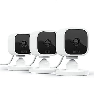 Blink Mini - Compact indoor plug-in smart security camera, 1080p HD video, night vision, motion detection, two-way audio, easy set up, Works with Alexa – 3 cameras (White)
