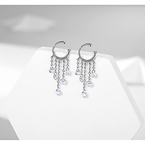 SLUYNZ 925 Sterling Silver Cuff Earrings Droplet Tassel Chain for Women No Piercing Cartilage Earrings Wrap (A-Silver)