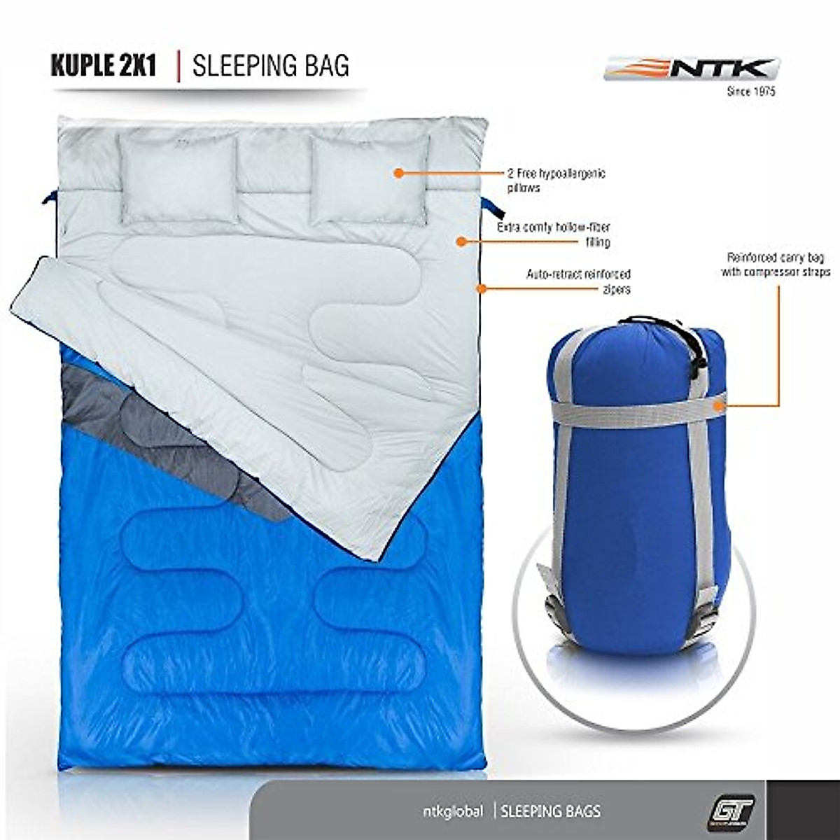 NTK KUPLE Double 2 in 1 Sleeping Bag with 2 Pillows and a Carrying Bag with Compressor Straps for Camping, Backpacking, Hiking. (Blue)
