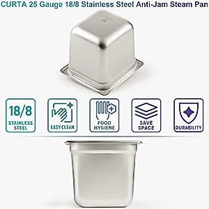 CURTA 6 Pack Anti-Jam Hotel Pans with Lids, 1/6 Size 6 Inch Deep, NSF Commercial 18/8 Stainless Steel Chafing Steam Table Food Pan with Covers
