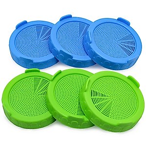 GDFYMI Sprouting Lids for Wide Mouth Mason Jars, Plastic Canning Jar Strainer Lids, Mason Jar Pour Spout Lid, Bean Screen Microgreens Growing Kit Suit for Grow Bean Sprouts (86mm, 3 Green + 3 Blue)