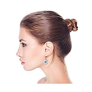 Native American South Western Concho Carved Petal Flower Blossom Blue Turquoise Lever Back Dangle Earrings Women .925 Sterling Silver