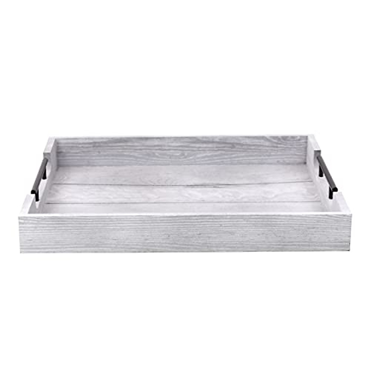 LONGNENG Wood Serving Tray Rectangle Gray Tray with Handles,Decorative Trays,Rustic Ottoman Tray for Living Room with Two Iron Handles