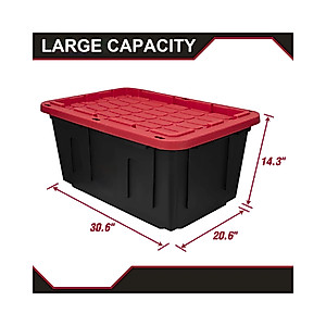 DqOasd 27 Gallon Plastic Storage Bin Tote Organizing Container With Durable Lid and Secure Latching Buckles, Stackable and Nestable Snap Lid Plastic Storage Bin, 1 Pack, Black Base/Red Lid