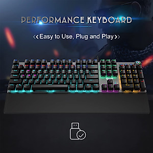 AULA Mechanical Gaming Keyboard Blue Switches,Rainbow LED Backlit,Ergonomic Wrist Rest,Aluminum Base,Full Size 108 Keys Anti-Ghosting,Macro Programmable Computer Keyboard Wired for PC Laptop