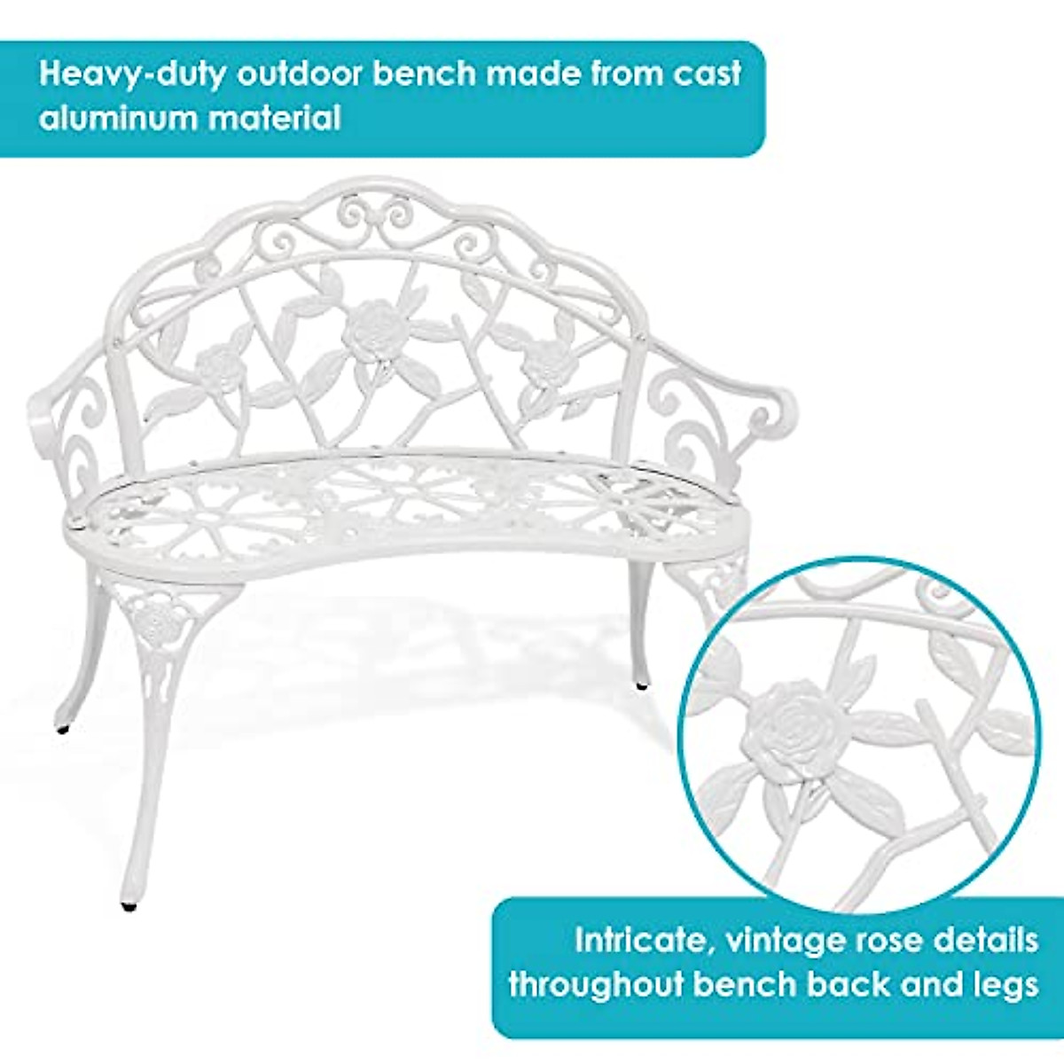Sunnydaze 2-Person Classic Rose Cast Aluminum White Outdoor Garden Bench