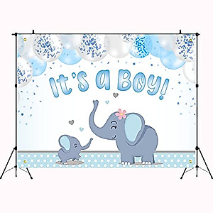 Elephant Baby Shower Backdrop Banner Blue Gray Baby Shower Decorations for Boy, Large Fabric Rustic Animal Theme Birthday Party Supply, It's A Boy Background Decor, Photography Props 72.8 x 43.3 Inch