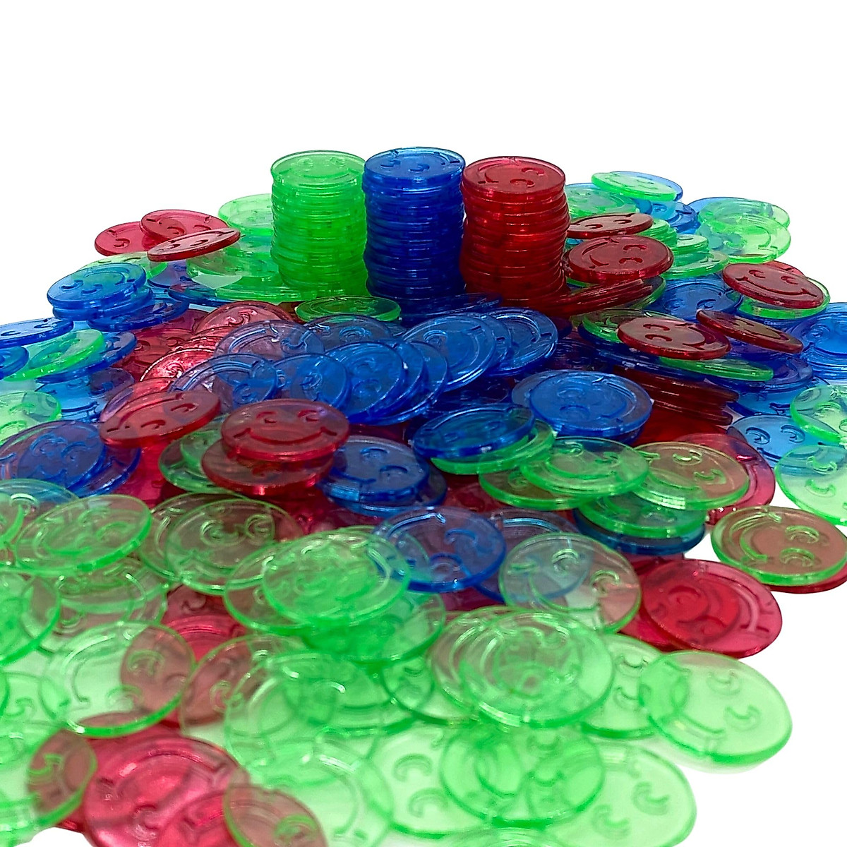 MR CHIPS Bingo Chips 3/4" Size - 1200 Counting in Blue, Red and Green Color Smiley Face Design Versatile for Classroom Activities & Board Games