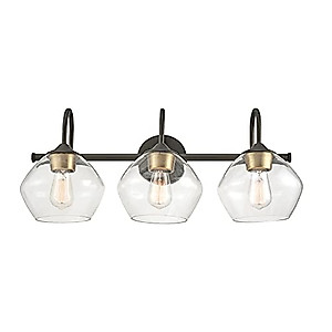 Globe Electric 51853 3-Light Vanity Light, Dark Bronze, Antique Brass Accents, Clear Glass Shade, Beauty Room Accessories, Bathroom Lights Over Mirror, Makeup Mirror Lights, Home Improvement