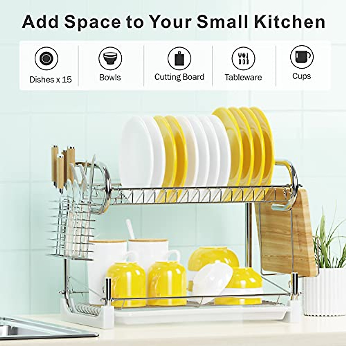 iSPECLE 2 Tier Dish Drying Rack, Dish Rack with Drainboard Set Dish Drain Utensil Holder, Cutting Board Holder for Small Kitchen Countertop