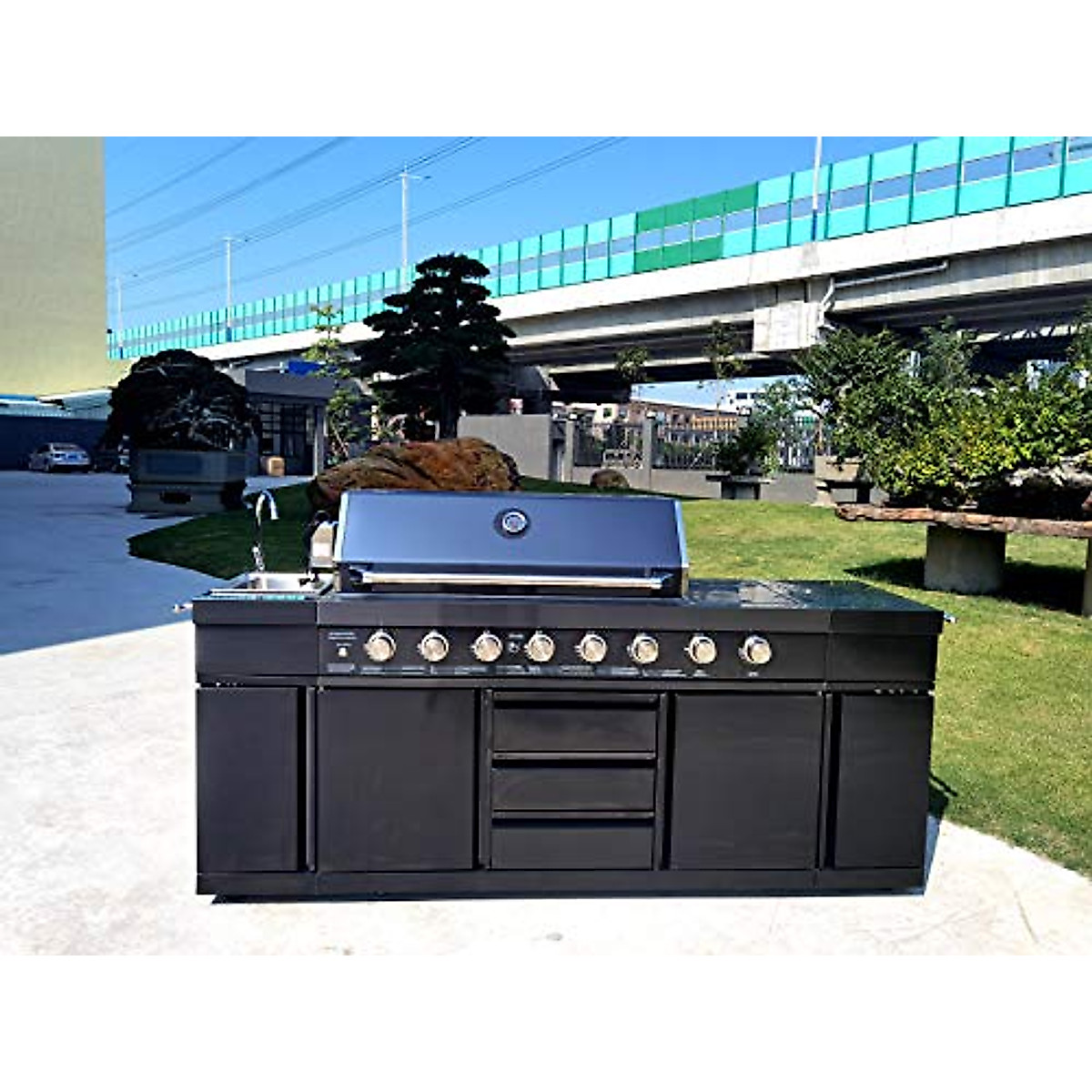 Black Stainless Steel 8 Burner 3 in 1 Island BBQ Outdoor Electric Grill Kitchen, Propane or Natural Gas, with Sink, Side Burner, LED Lights on Knobs, and Free Protective Grill Cover