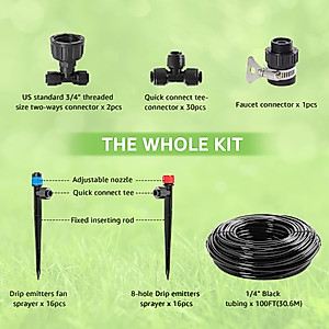 MIXC Easy-Connect Drip Irrigation Kit, 100FT Garden Micro Automatic Irrigation System Patio Misting Plant Watering System with 1/4" Blank Distribution Tubing Adjustable Nozzle Emitters Sprinkler