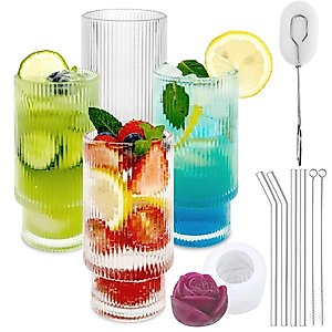 FINFINLIFE Ribbed Kitchen Glassware - 12oz Ribbed Glasses with Straws & Rose Ice Mold, Ideal for Home Entertaining & Cocktail Enthusiasts, Versatile for Iced Tea, Fruit Juice, Smoothies