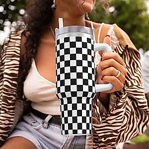 deaokluy 40 OZ Checkered Pattern Ice Bully Cup with Handle Straw Lid, Double Wall Stainless Steel Tumbler Travel Coffee Cup, Black White Insulation and Cooling Cup for Christmas Birthday Present