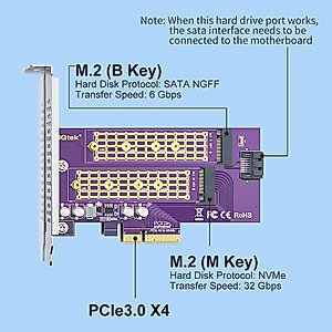 10Gtek 2-Port M.2 NVMe Adapter M-Key and B-Key, PCIe X4 Gen3.