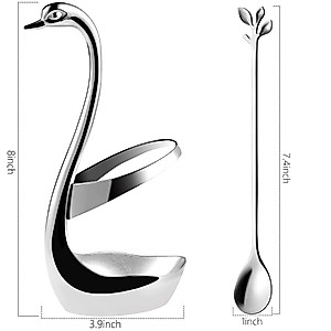 AnSaw Large Silver Swan Base Holder With 12 Pcs Silver Stainless Steel 7.4-Inch Leaf Coffee Spoons Set