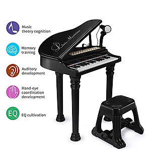 Kids Piano Keyboard Toys 31 Keys,Grand Piano for Beginners,3 4 5 6 Years Old Toddler Girl Boy Gift,Educational Musical Instrument,w/Microphone,Stool,Piano Lid,Lights,Note Stickers,Enamel Finish- Black