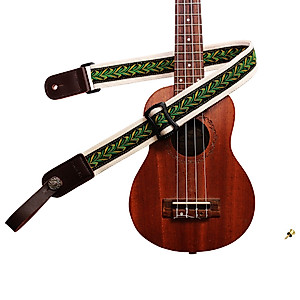 MUSIC FIRST Original Design Vintage Green Label Soft Meshbelt & Genuine Leather Ukulele Strap Ukulele Shoulder Strap With a Genuine Leather Strap Locker