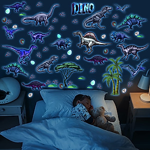 Zonon 114 Pcs/ 4 Sheet Glow in The Dark Dinosaurs Stickers for Waterproof Glowing Dinosaur Wall Decals Large Removable Glow Wall Decor for Boy Bedroom Ceiling Kid Nursery Playroom(Blue Glow)