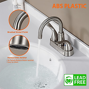 KPW Bathroom Sink Faucet 2 or 3 Hole Brushed Nickel Centerset 4 Inch Bathroom Sink Faucet 2 Handle Over ABS Non-Metallic Lavatory Bathroom Faucet with Pop up Drain Water Supply Hoses