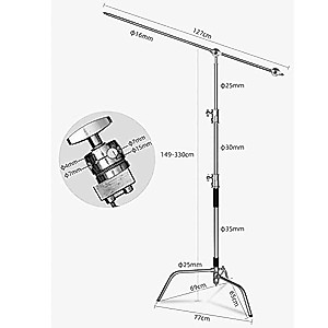 Lapgood 100% Stainless Steel Heavy Duty C Stand with Boom Arm - Max Height 10.8ft/330cm Photography Light Stand with 4.2ft/127cm Holding Arm, 2 Grip Head for Studio Monolight, Softbox, Reflector