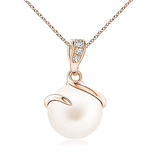 Angara June Birthstone - Freshwater Pearl Spiral Pendant Necklace with Diamonds in 14K Rose Gold (10mm)