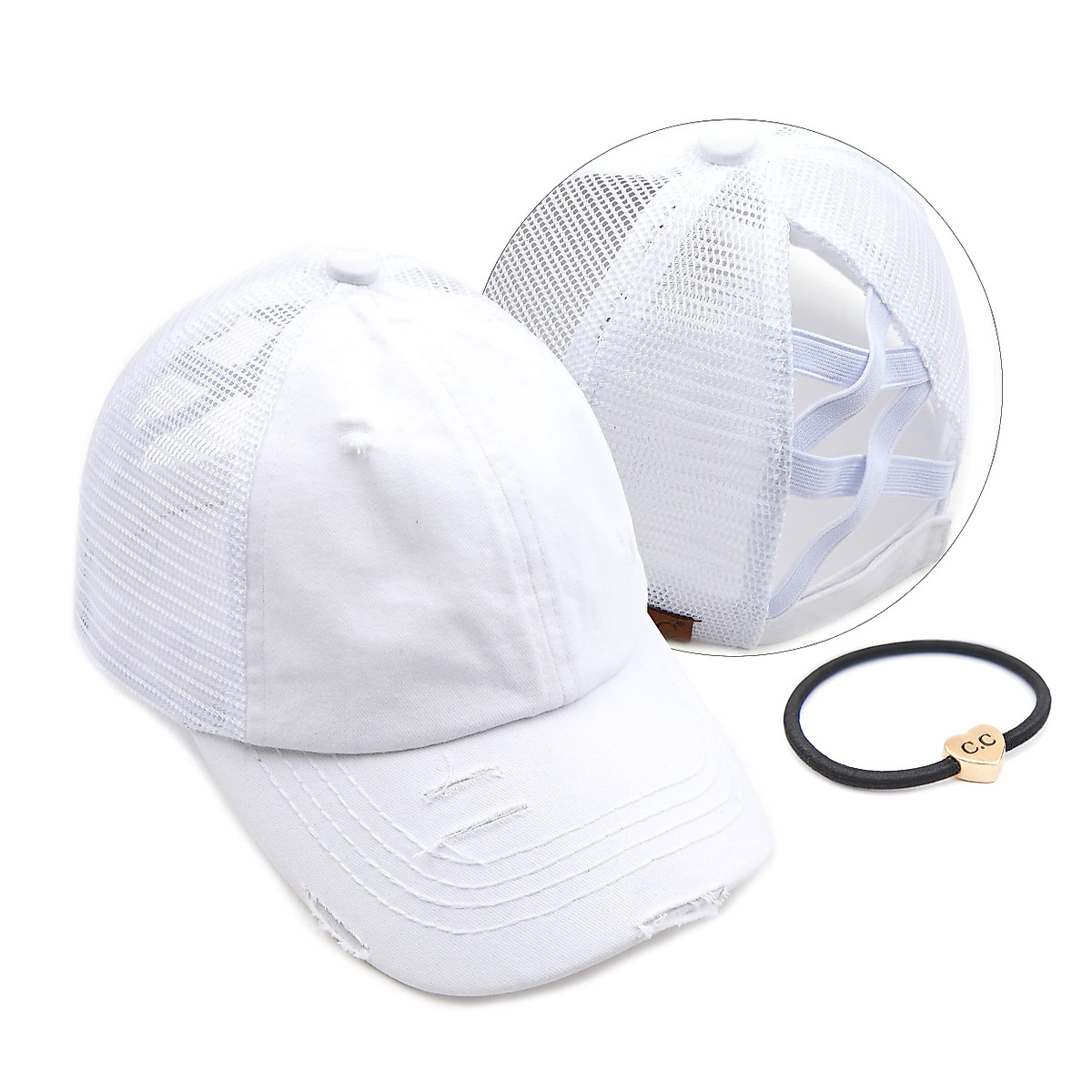 C.C Exclusives Washed Distressed Cotton Denim Criss-Cross Ponytail Hat Baseball Cap Bundle Hair Tie (BT-780)(BT-791) (A Elastic Band-White)